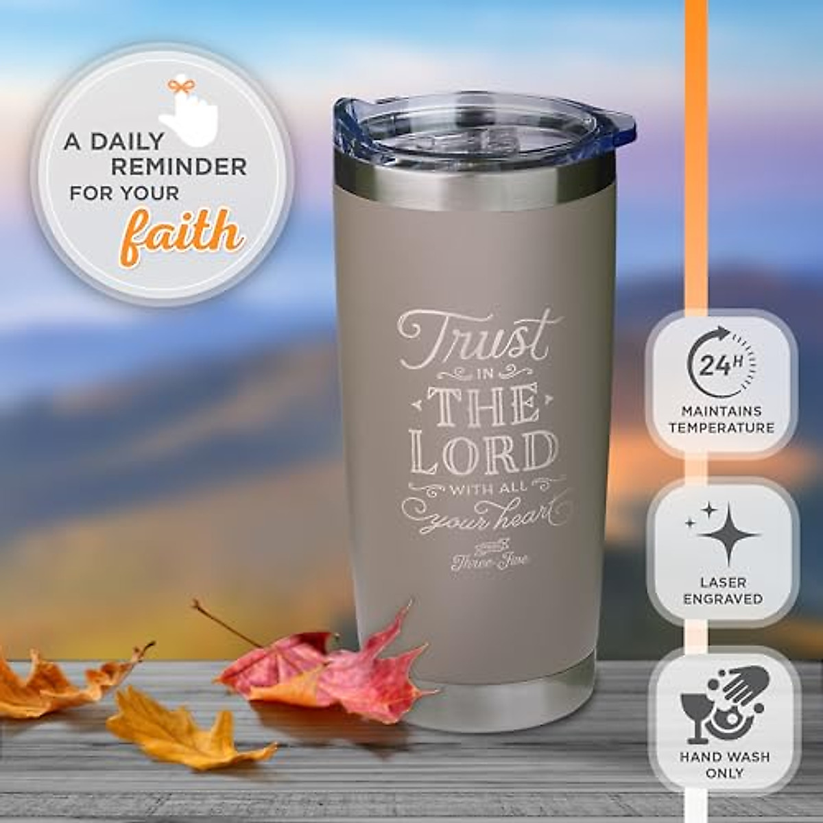 Christian Art Gifts Stainless Steel Double-Wall Vacuum Insulated Travel Mug 18 oz Gray Tumbler with Retractable Lid for Women and Men Bible Verse - Trust in the Lord - Proverbs 3:5