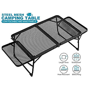 SKIKEN Small Low Camping Table with Wing Panels, Folding Low Picnic Table, Sturdy Steel Mesh Outdoor Table, Waterproof and Heat Resistant, Aluminum (3ft, Black)