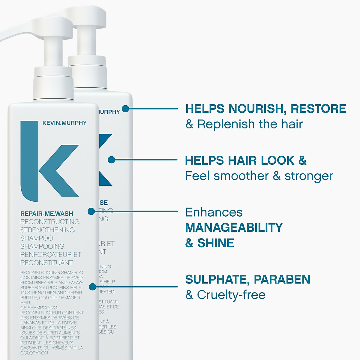 KEVIN.MURPHY REPAIR-ME.WASH & RINSE - Moisturising Hair Shampoo - Conditioner - For All Hair Types Needing Repair - Sulphate & Paraben Free - 1 L / 33.8 fl oz - 2 Pack