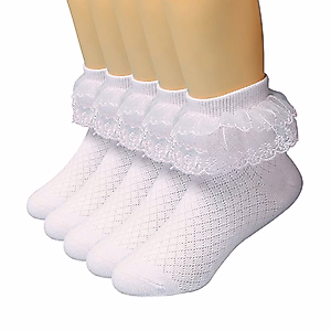 Looching 5 Pairs Toddler Baby Girls Ruffle Lace Trim Socks Eyelet Cotton White Frilly Ankle Soft Dress Socks Kids Princess Socks 1-13T (White, 4-6T)