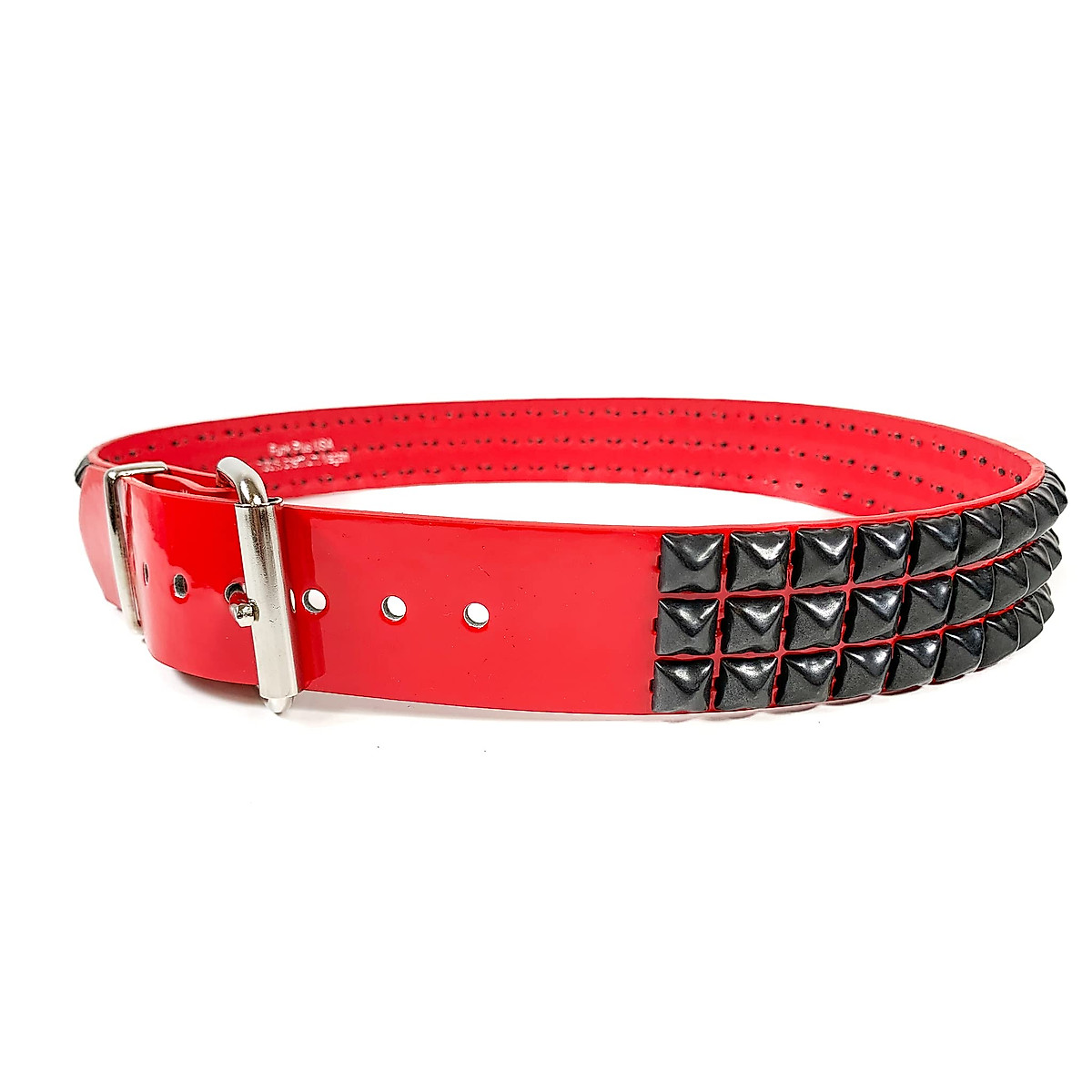 Patent Red Three Row Black Pyramid Stud Belt Vegan Leather Punk Goth Alternative USA Made (XL)