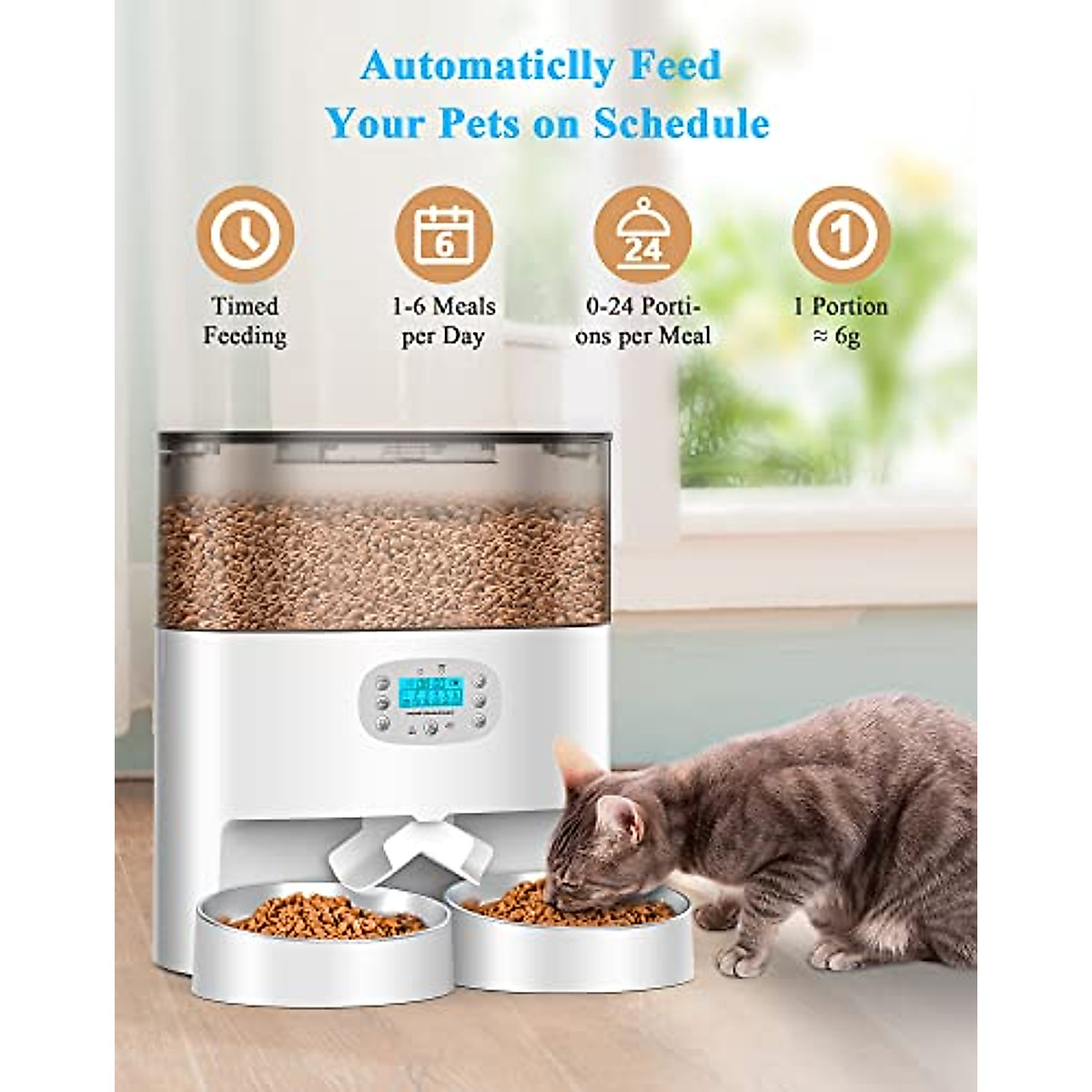 Automatic Cat Feeder, HoneyGuaridan 6L Pet Feeder for 2 Cats & Dogs, Auto Cat Dry Food Dispenser with Desiccant Bag, Timer Feeder Portion Control 1-6 Meals per Day, Dual Power Supply, Voice Recorder