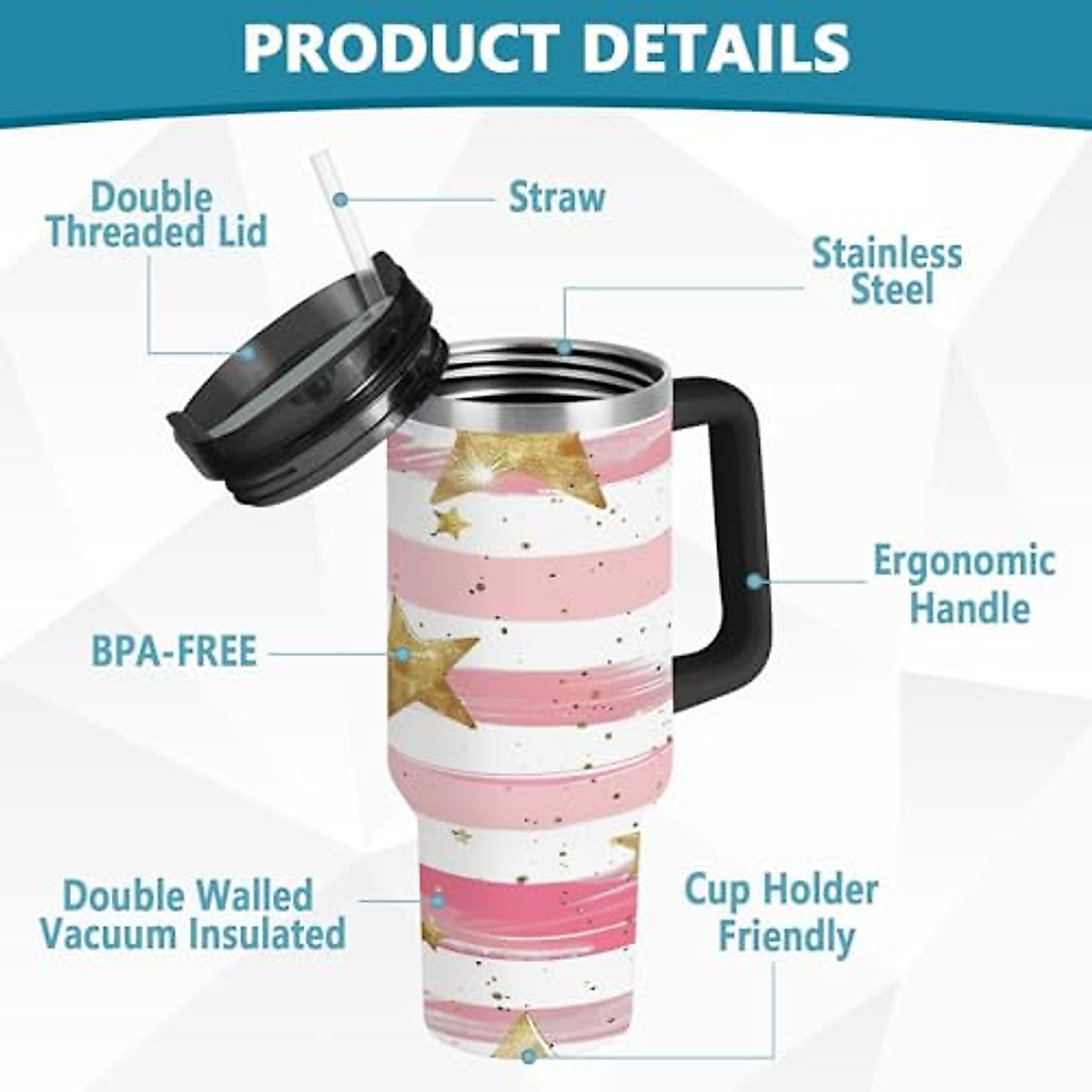 FRCSDIY Striped Stars Insulated Tumbler with Handle and Straw Lid,40oz Leakproof Stainless Steel Cup BPA-Free Water Bottle