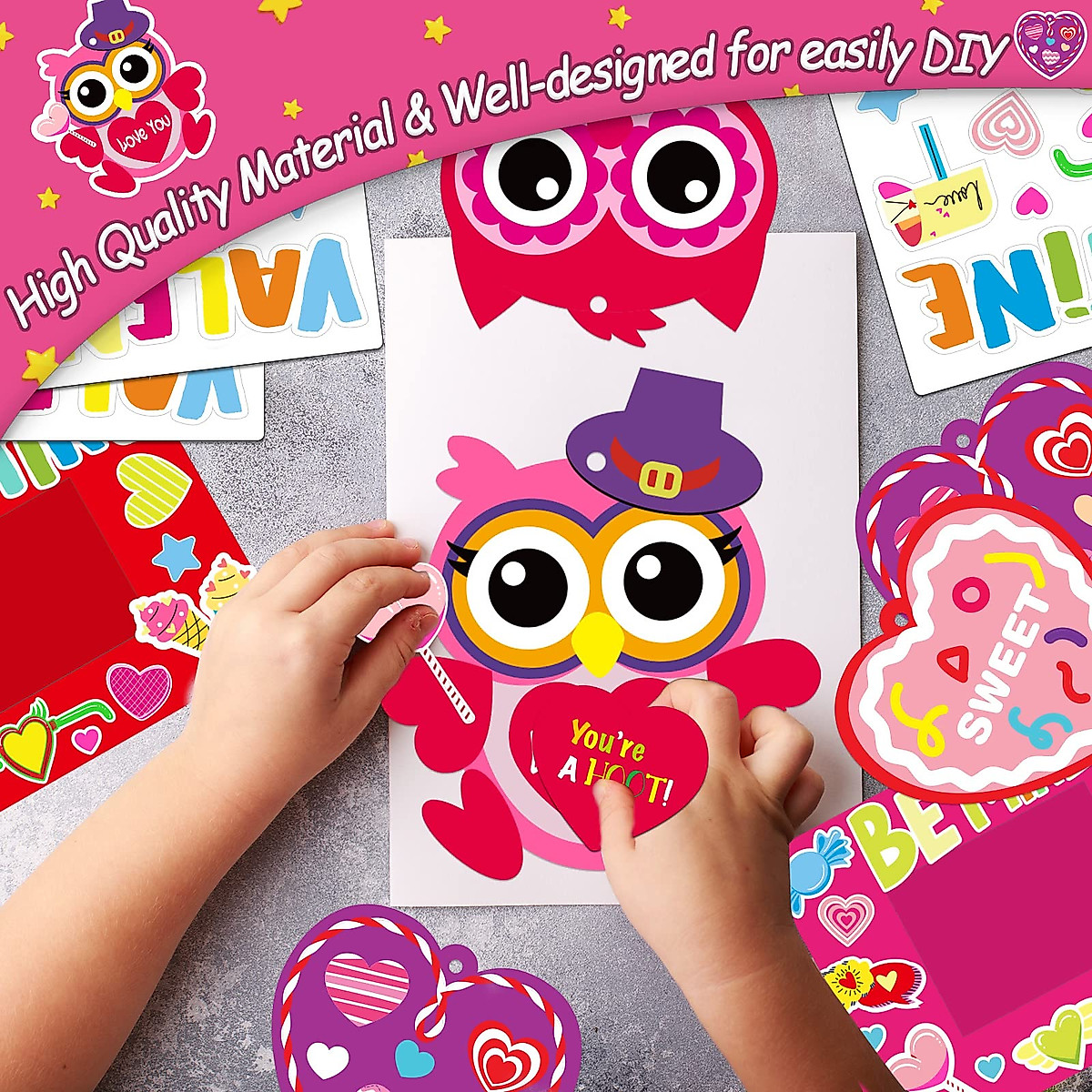 24 Packs Valentine’s Day Craft Kits for Kids Valentine’s Heart Owl Picture Frame DIY Art Craft Valentine’s Day Party Decoration Favor Home Classroom Game Activities