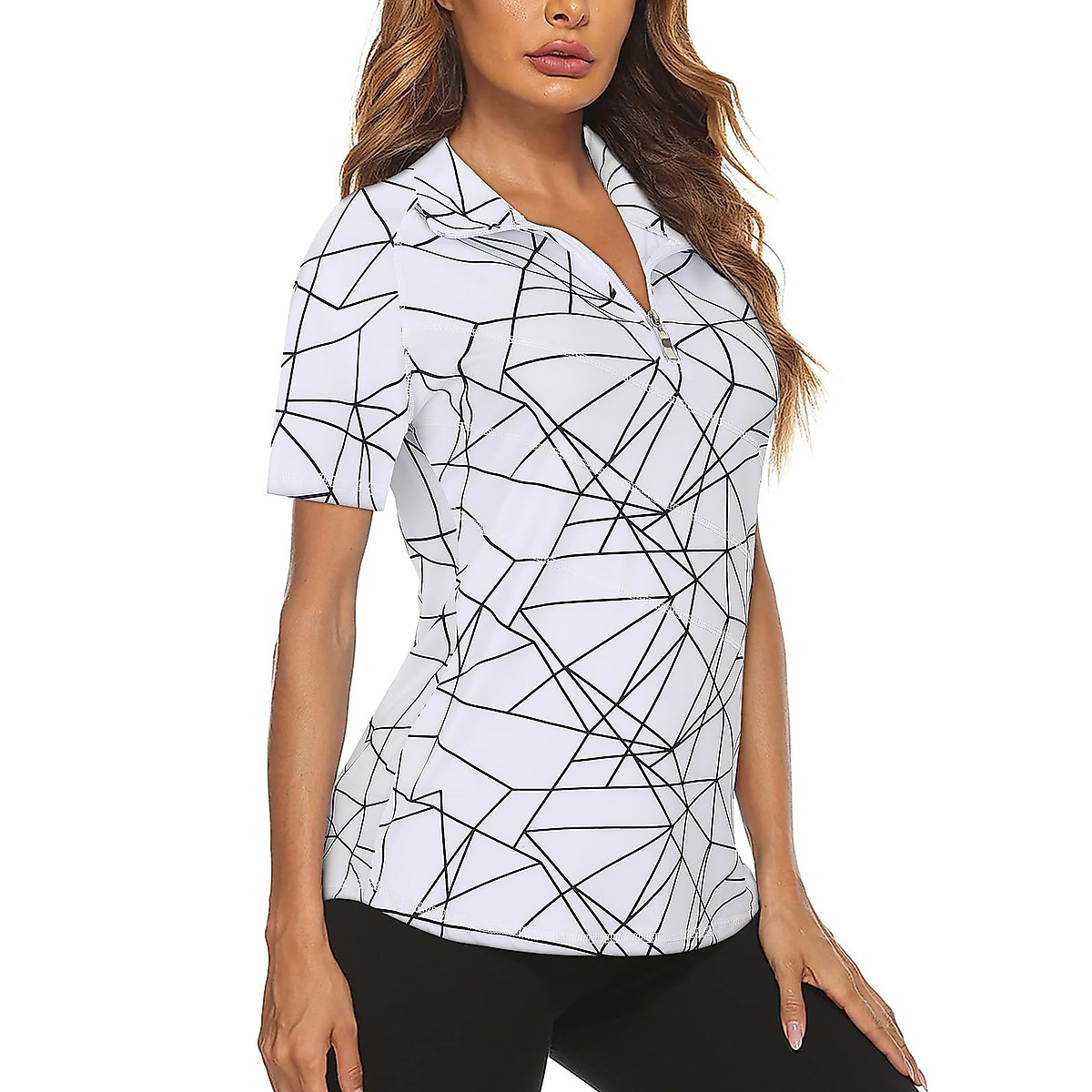 Womens Athletic Workout Tops,Cucuchy Quarter Zip Fitness Yoga Shirts Activewear Cute Gym Raglan Short Sleeve Clothes Round Neck Top Breathable Thin Smooth Clothing Golf Sportwear Geometry White XL