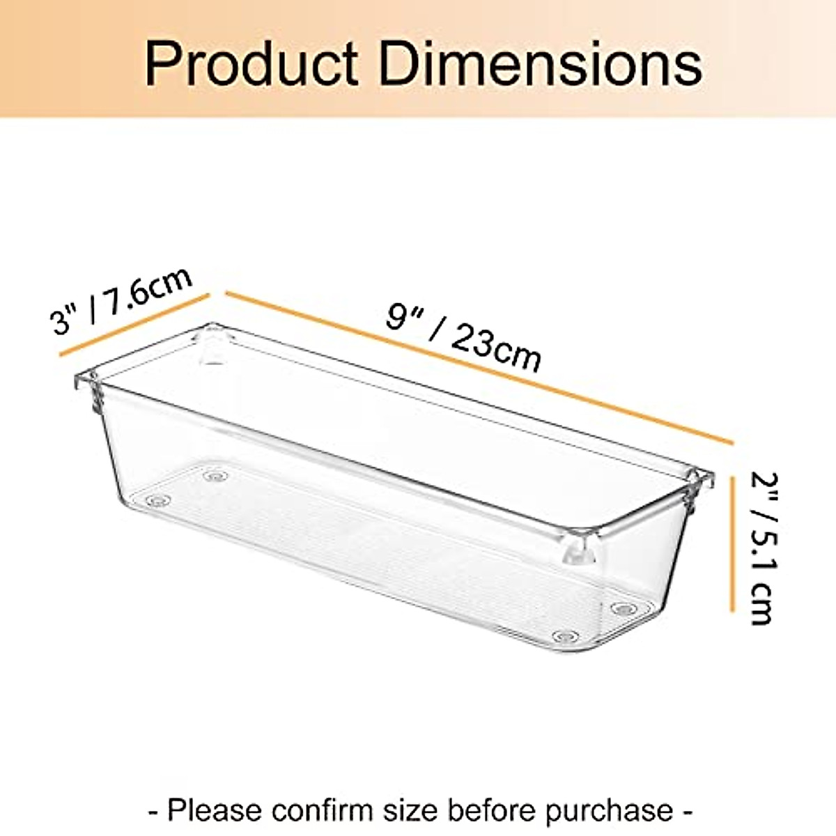 Clear Plastic Drawer Organizers Set, Organizer Trays for Kitchen Drawers Set of 6, Vanity Organizer for Bathroom, Makeup, Kitchen Utensils and Office, 9 x 3 x 2In