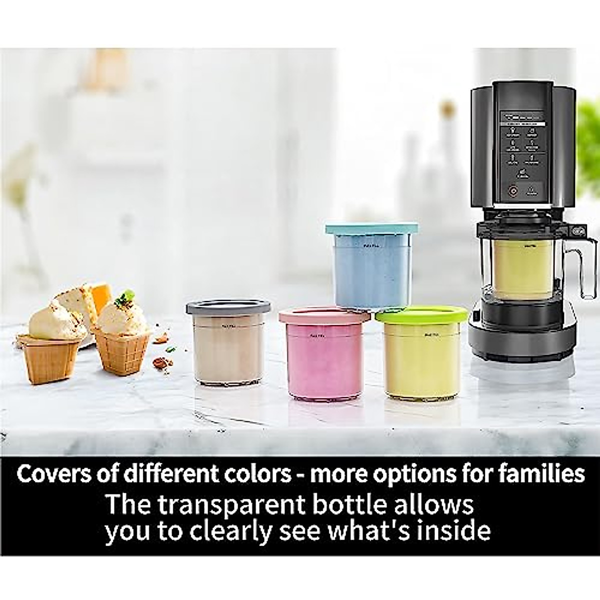 JDPNJSI Containers Replacement for Ninja Creami Pints and Lids - 4 Pack, 16oz Compatible with NC301 NC300 NC299AMZ Series Ice Cream Maker, BPA Free and Dishwasher Safe, Grey/Blue/Pink/Green