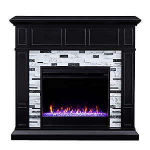 SEI Furniture Drovling Marble Tiled Color Changing Electric Fireplace, Black-White-Gray