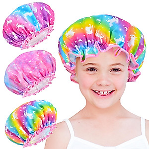 Shower Cap For Kids, Little Girl Shower Cap Unicorn Shower Cap For Girls, Cute Rainbow Long Hair Childrens Shower Cap Adjustable Waterproof Toddler Head Cap For Hair Girls While Taking Shower(Unicorn)