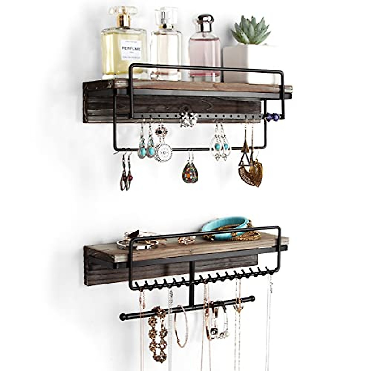 J JACKCUBE DESIGN Rustic Wood 2 Tier Jewelry Organizer, Hanging Wall Mount Accessories Display Rack for Earrings, Necklaces, Breacelet, Rings, Scrunchies with Shelf- MK628A (Rustic Wood)