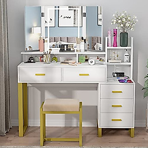 Vanity Set with Tri-fold Makeup Mirror, 45.59'' Large Vanity Desk with Charging Station, 3-Color Adjustable Touch Light, 5 Drawers, Storage Shelves&Cushioned Stool Makeup Vanity for Bedroom (White)