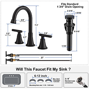 Bathroom Faucets for Sink 3 Hole, Hurran Matte Black Bathroom Sink Faucet with Pop-up Drain and Supply Lines, Stainless Steel Lead-Free Widespread Faucet for Bathroom Sink Vanity RV Farmhouse Sink