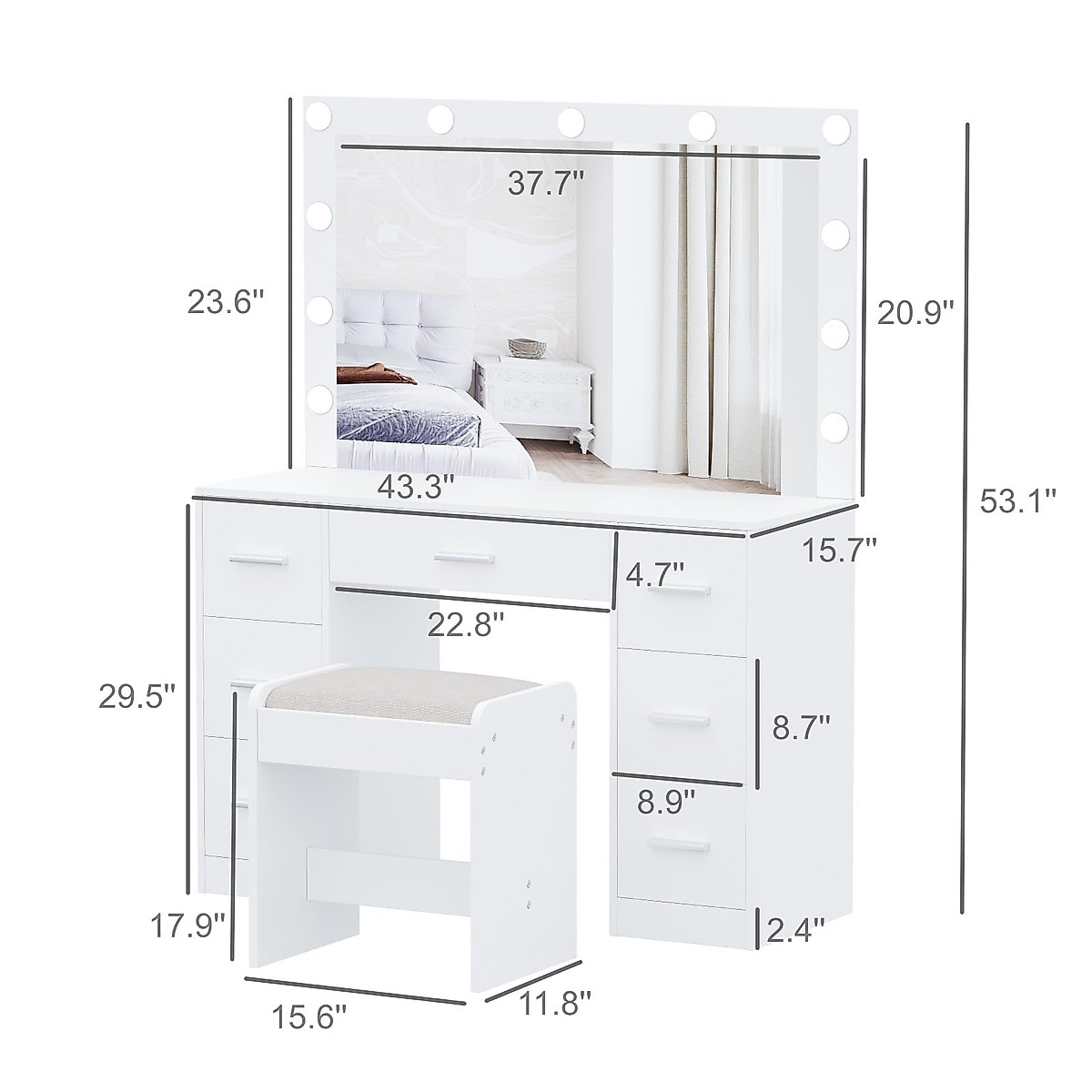 Irontar Vanity Desk with Stool, Makeup Table with Lighted Mirror, 3 Color Lighting Modes, Brightness Adjustable, Dressing Table with Drawers, Vanity Table Set for Women, White WDT004WD