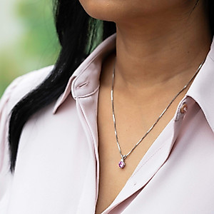 PEORA Solid 14K White Gold Created Pink Sapphire with Genuine Diamond Pendant for Women, Heart Shape Solitaire, 6mm, 1.15 Carats total