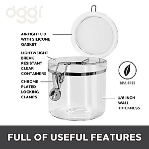 Oggi Jumbo Clear Canister with Clamp Lid, 150 oz - Airtight Food Storage Container, for Kitchen & Pantry Storage of Bulk, Dry Foods Including Pasta, Flour, Sugar, Coffee, Rice, Tea, Spices & Herbs