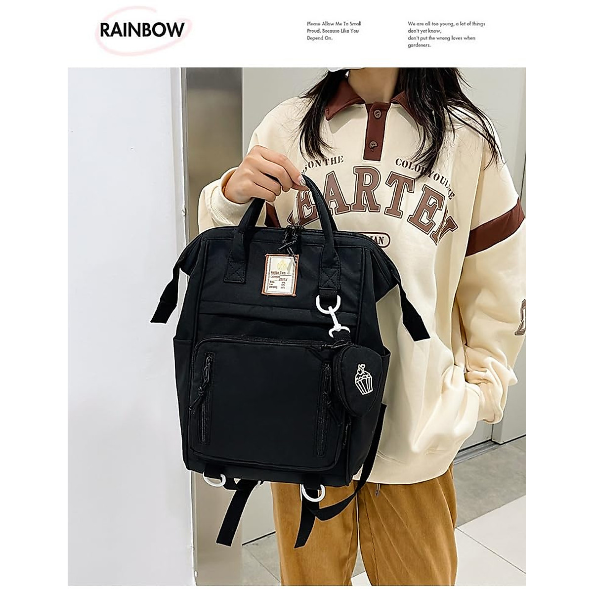 DEEPWIN Kawaii Backpack With Cute Accessories Nylon Shoulder Crossbody Backpack With Small Wallet Accessories (BLACK)