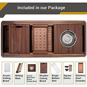 Strictly Sinks 45” Copper Workstation Sink - 16 Gauge 45 Inch Stainless Steel Sink - 2-Tier Undermount Kitchen Sink with 2 Square Strainer Drains, 1 Disposal Adapter, & 6 Workstation Sink Accessories