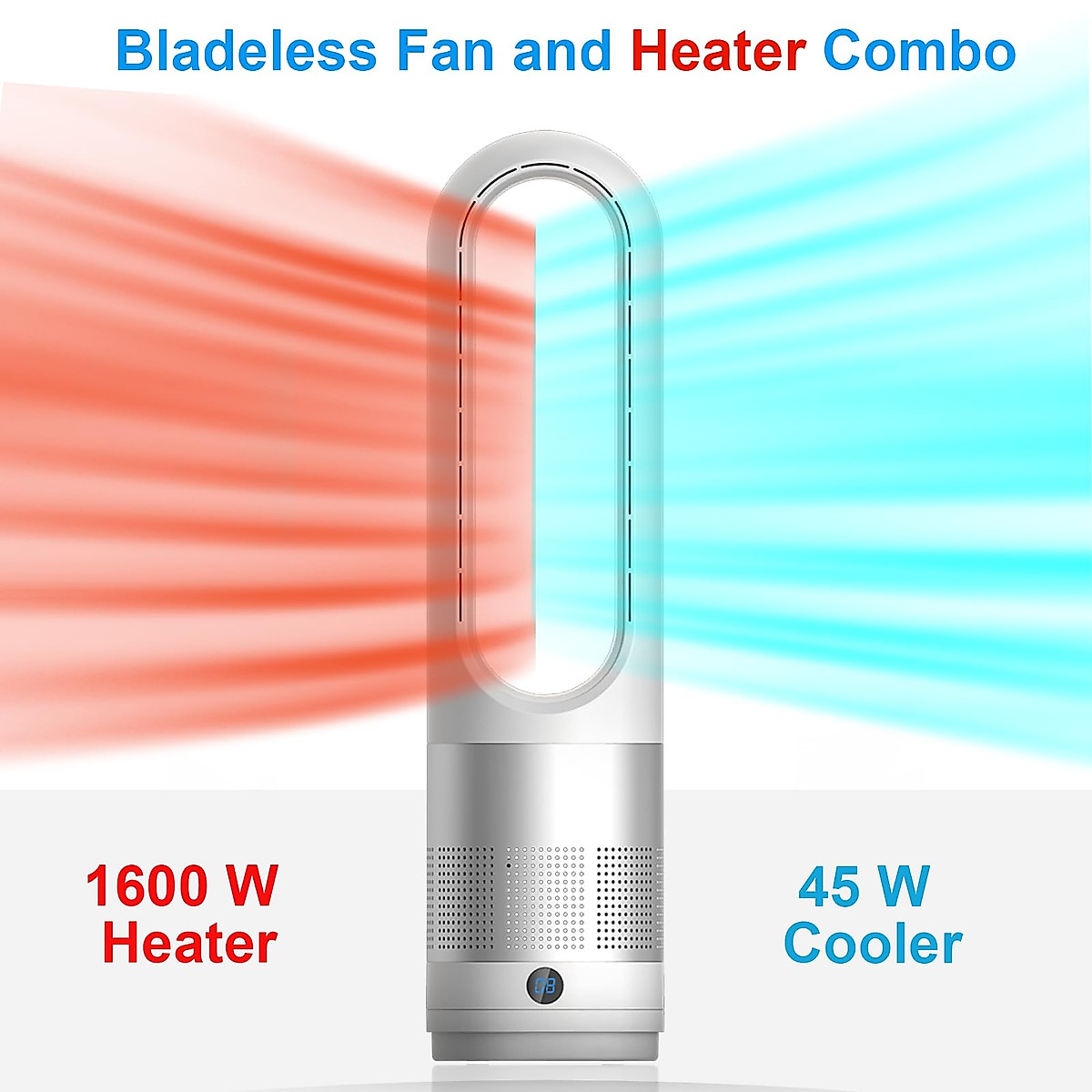 Voagupa Bladeless Heater and Fan Combo, All the Season, 80° Oscillating with Remote and Touch Control, 8H Timer, 24 Inch, Floor Fan for Indoor Use, Large Room, Silver White