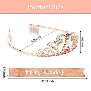 BAHABY Birthday Crown for Women It's My Birthday Sash & Rhinestone Tiara Set Birthday Sash and Tiara for Women Rhinestone Headband for Girl Glitter Crystal Hair Accessories for Party - Rose Gold