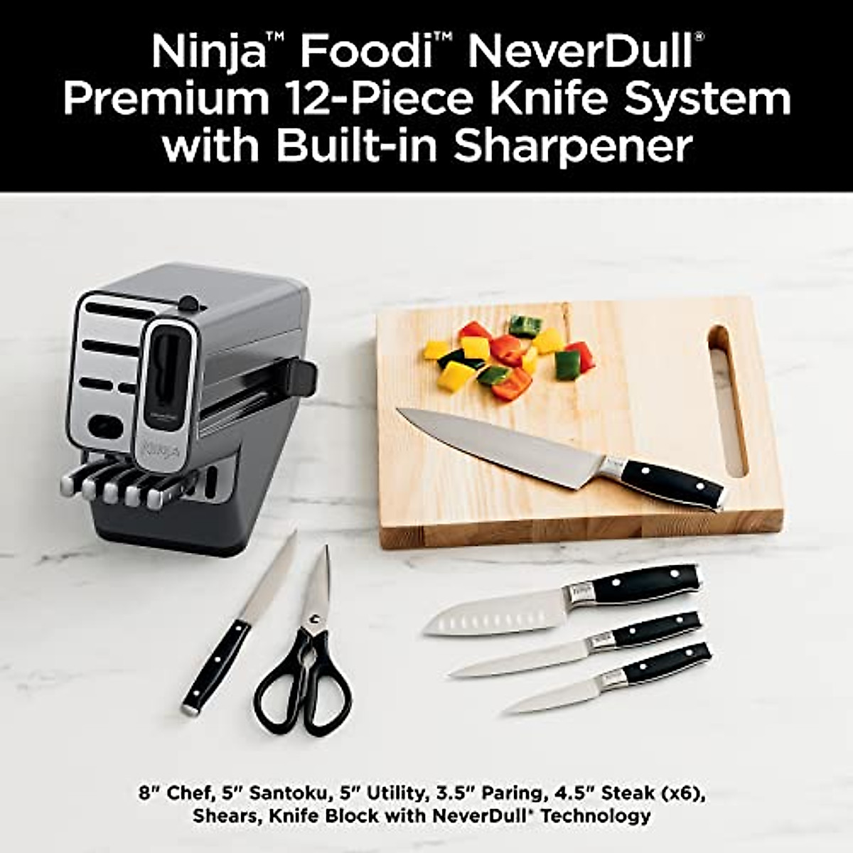 Ninja K32012 Foodi NeverDull Premium Knife System, 12 Piece Knife Block Set with Built-in Sharpener, German Stainless Steel Knives, Black