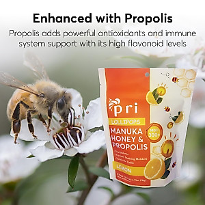 P.R.I Manuka Honey Lollipops with Propolis, Certified MGO 300+ - Throat Soothing, Lemon Flavor, (24 Lollipops, 5.46oz)