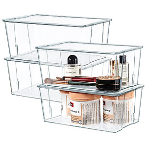 Hudgan Clear Plastic Storage Organizer Bins with Acrylic Lids for Home Office, Kitchen, Cupboard, Pantry Shelves, Medicine Cabinet, Craft Rooms - 4.5-Inches Tall - 4 Pack