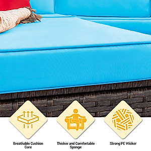 Furniwell 7 Pieces Patio Furniture Sectional Set Outdoor Wicker Rattan Sofa Set Backyard Couch Conversation Sets with Pillow, Cushions and Glass Table (Blue)