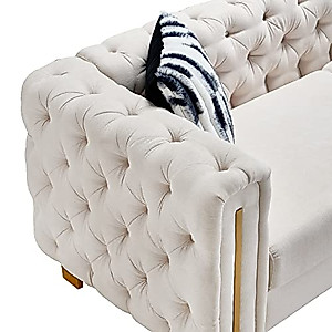 Dolonm Modern Sofa for Living Room, 84 Inches Long Button Tufted Couch Upholstered Linen Sofa with 2 Pillows High Arm and Metal Legs Decor Furniture for Bedroom, Office (Beige)