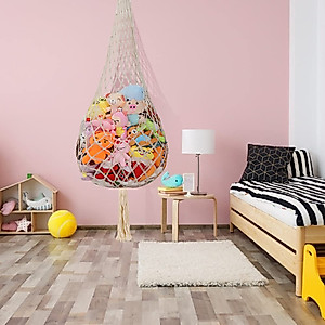 Extra Large Stuffed Animal Storage Net or Hammock, Single Hook Display Large Plush Toy! Ceiling Hanging Stuff Animal Hanger with Swag Hook, Corner Toy Storage Organizer for Kids Bedroom Playroom (Cream)