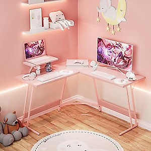 Homall L Shaped Gaming Desk Computer Corner Desk PC Gaming Desk Table with Large Monitor Riser Stand for Home Office Sturdy Writing Workstation (Pink, 47 Inch)