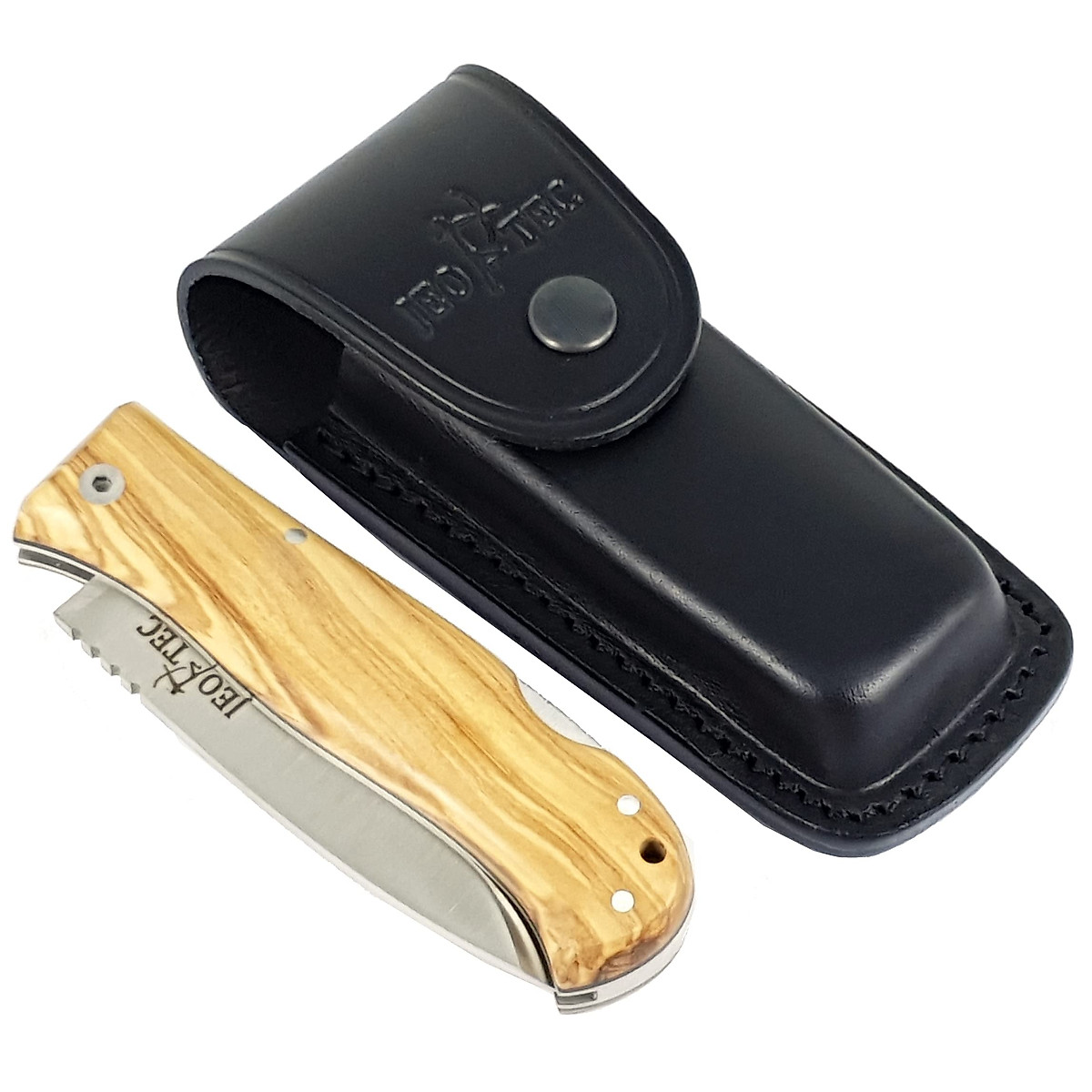 JEO-TEC Nº17 Bushcraft Survival Camping Hunting Fishing Outdoor Folding Knife, Stainless Steel Sandvik 14C28N, Genuine Leather Sheath, Handmade