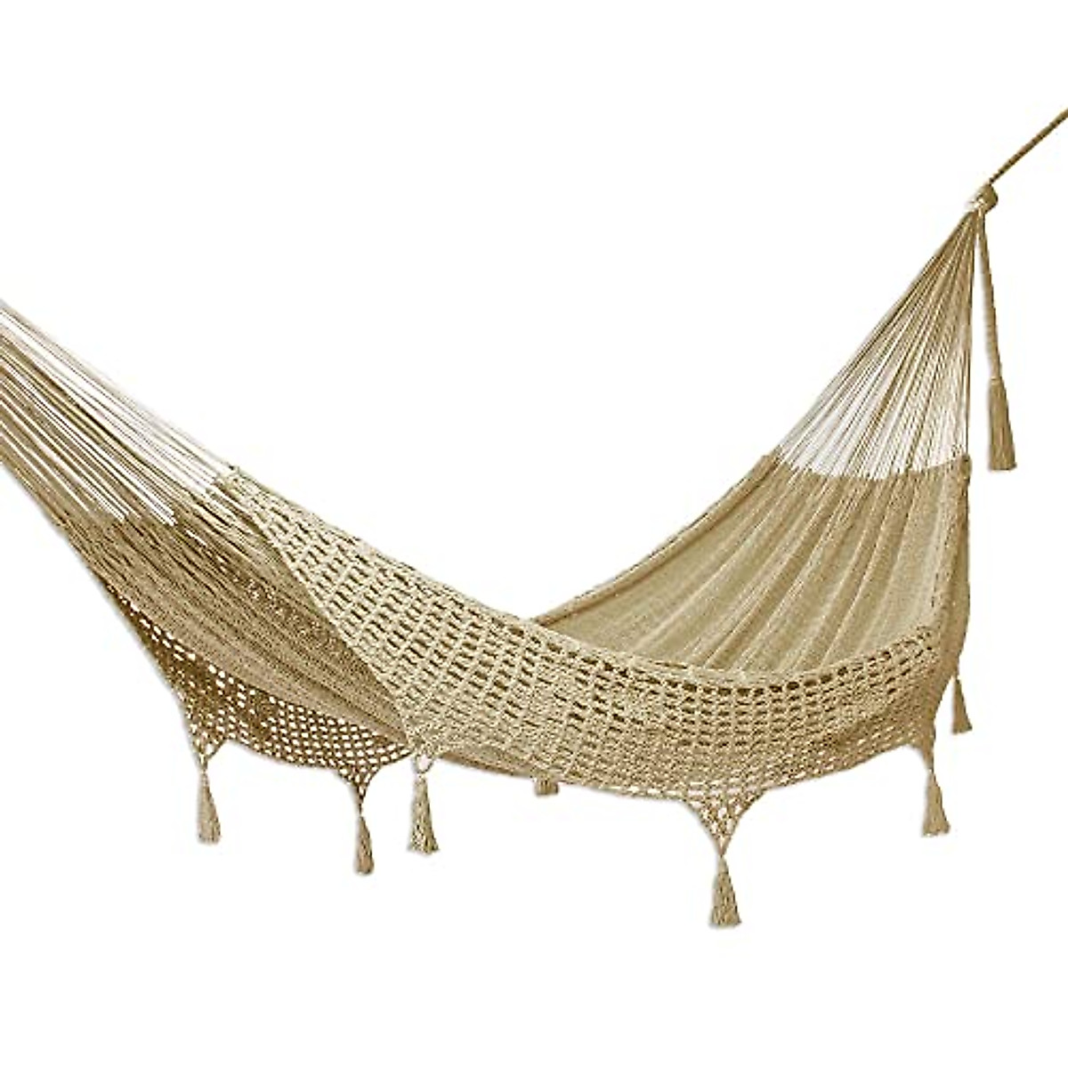 NOVICA Handmade Double Cotton Hammock Hand-Woven in Grey with Thick Tassels, Ideal for Camping and Outdoor Relaxation - 150" L with Hanging Accessories Included, Mirage in Grey'