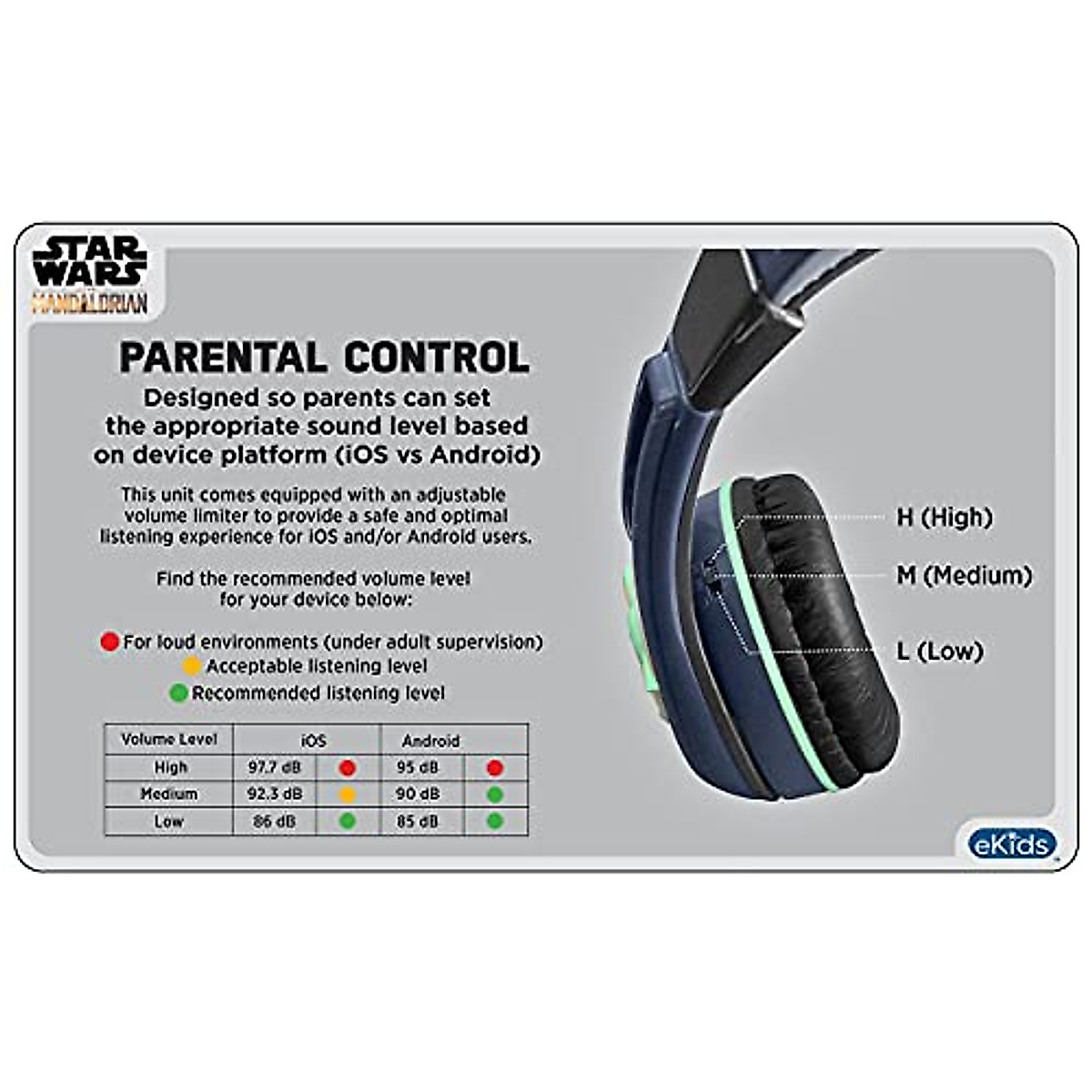 eKids Mandalorian The Child Headphones for Kids, Wired Headphones for School, Home or Travel, Tangle Free Stereo Headphones with Parental Volume Control, Connect via 3.5mm Jack