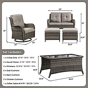 Rilyson 6PC Patio Furniture Set - Rattan Wicker Outdoor Sectional Conversation Sets with 2 Swivel Rocking Chairs,2 Ottomans,1 Loveseat and 1 Coffee Table for Porch Deck Garden(Mixed Grey/Grey)