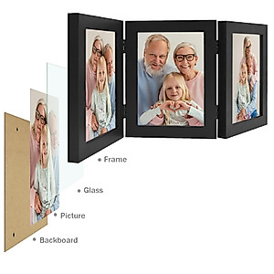Frametory 5x7 Triple Picture Frames, Trifold Photos Frame Collage, Hinged Picture Frames with Glass Front Tabletop Display (Black, 1 Pack)