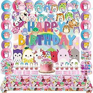 𝓢𝓺𝓾𝓲𝓼𝓱𝓶𝓪𝓵𝓵𝓸𝔀𝓼 Birthday Party Supplies - 151Pcs 𝓢𝓺𝓾𝓲𝓼𝓱𝓶𝓪𝓵𝓵𝓸𝔀𝓼 Birthday Decorations include Banner Tablecloth Backdrop Ballons Cupcake Cake Toppers Tableware Hanging Swirls