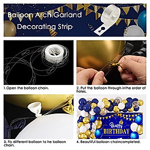 Rubfac Navy Blue Birthday Decorations Happy Birthday Backdrop with 70pc Navy Blue Gold and White Balloon Garland Kit Photo Backdrop Background for Birthday Party Decoration Supplies