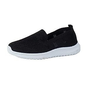 Ladies Fashion Breathable Solid Color Knitted Mesh Flat Casual Sports Shoes Sneaker for Women Size 9 (Black, 8.5)