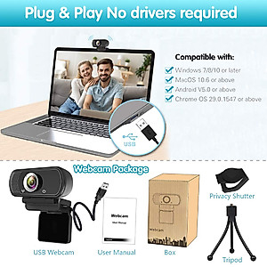 Webcam HD 1080p ,Live Streaming Web Camera with Stereo Microphone, PC Desktop or Laptop USB Webcam with 110 Degree View Angle, HD Webcam for Video Calling, Recording, Conferencing, Streaming, Gaming