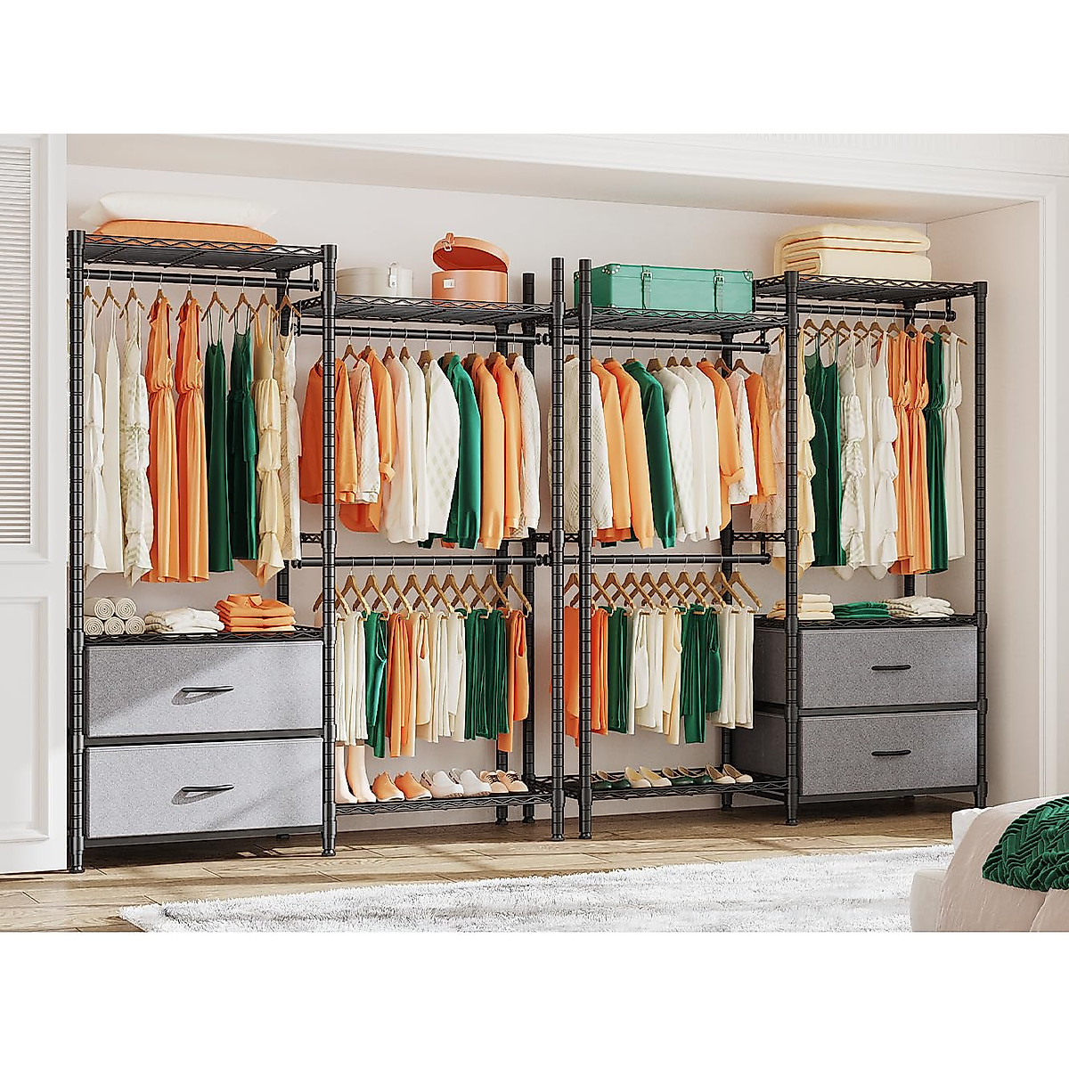 REIBII Garment Rack Clothing Rack for Hanging Clothes 150+ Load 650lbs Freestanding Wardrobe Closet with 2 Drawers, 3 Hanging Rods Clothes Rack for Extra Closet Space, 15.9" D x 46.5" W x 70.9" H