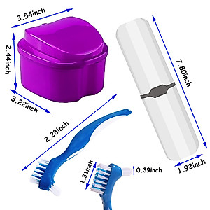 Denture Case Kit, 2 Denture Cup with 2 Denture Brush & 2 Portable Brush Box, Denture Bath Cup with Strainer & Lid for Travel, Storage Soak Container Retainer Cleaner (Blue & Purple)