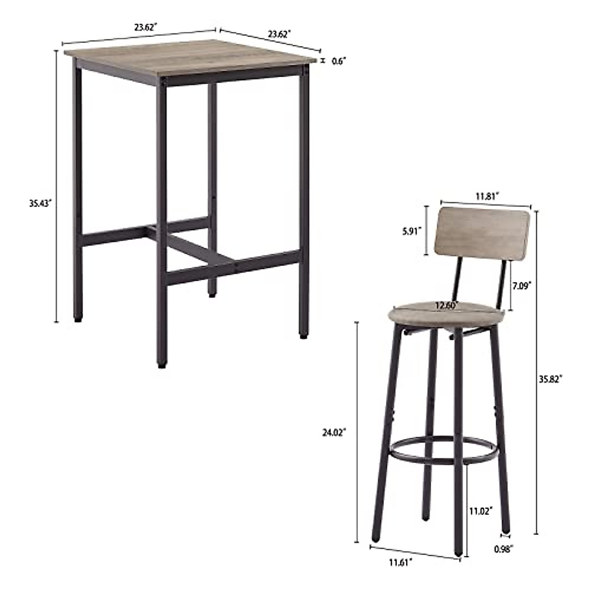 CALABASH 3-Piece Bar Table and Chairs Set for Small Space, Bar Set with Square Table and PU Stools, Coffee Table Set for 2,Breakfast Table with Footrest and for Home & Kitchen Dining Room(Grey)