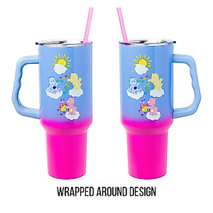 Silver Buffalo Care Bears Featuring Grumpy Bear, Funshine Bear, and Love-A-Lot Bear Heart Showers Ombre Stainless Steel Tumbler with Handle and Straw, Fits in Standard Cup Holder, 40 Ounces