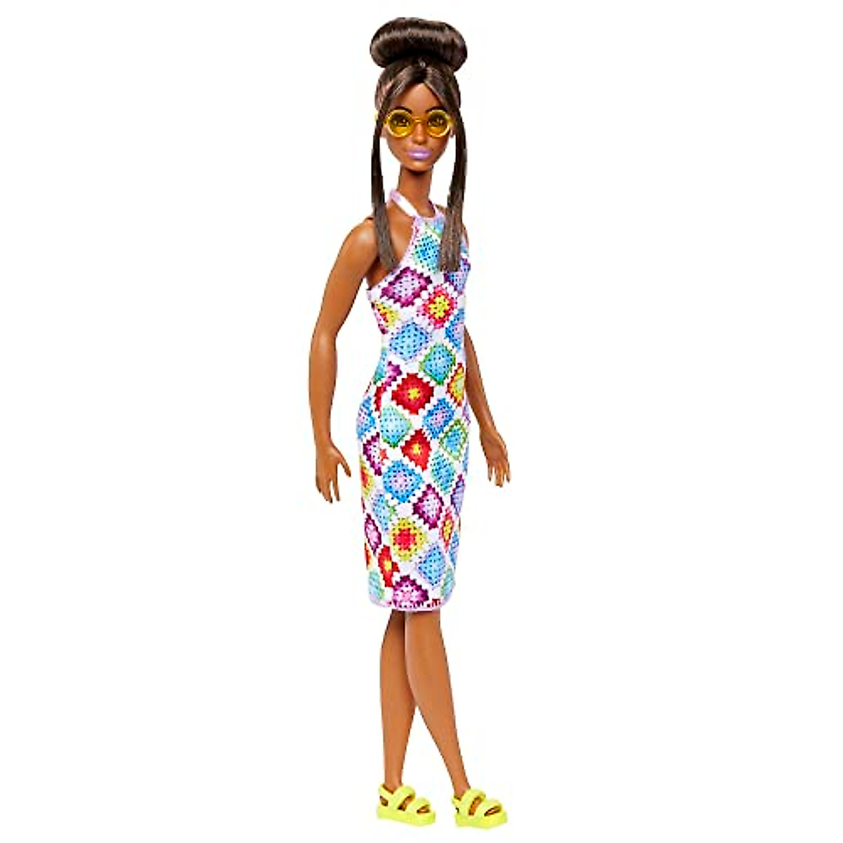 Barbie Fashionistas Doll #210 with Brown Hair in Bun, Wearing Colorful Crochet Halter Dress, Sunglasses and Sandals