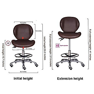 Kaleurrier Adjustable Stools Drafting Chair with Backrest & Foot Rest,Tilt Back,Swivel Seat,Rolling Wheels,for Studio,Dental,Office,Salon and Counter,Armless Tall Home Desk Chairs (Brown)