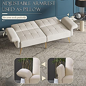 GEEVIVO 78” Velvet Futon Sofa Bed w/Adjustable Armrests,Convertible Futon Couch with Side Bags,Modern Sleeper Loveseat Sofa for Living Room,Bedroom