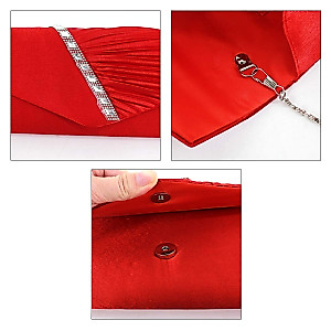 Goclothod Evening Clutch Handbag Women Fashion Pleated Crystal-Studded Crossbody Shoulder Bag Chain Clutch Purse (Red)
