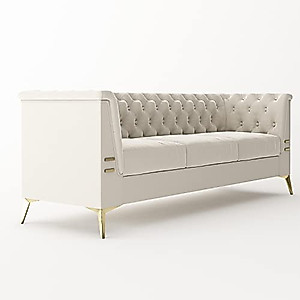 kevinplus Velvet Chesterfield Sofa Couch for Living Room, Modern Tufted 3-Seat Upholstered Sofa Couch for Apartment Bedroom Dorm Office Studio, Gold Metal Legs, Beige