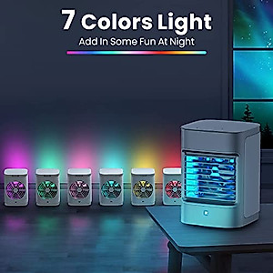 Portable Air Conditioner, BREEZEWELL 8in Rechargeable Small Evaporative Air Cooler, 90°Auto Oscillation, 7 Color Vibe Lights, 4000mAh Battery Powered Humidifier, Mini Air Conditioner for Camping, Car