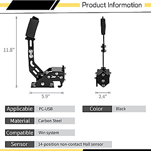 Marada Hand brake 14Bit USB Hall Sensor with Clamp,Only Supported PC Windows Systems（Black）